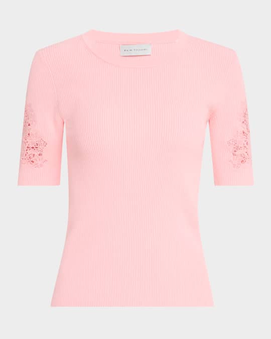 Elie Tahari The Magnolia Ribbed Lace-Inset Sweater | Neiman Marcus