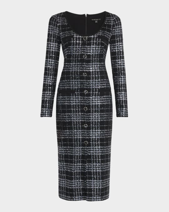 Black Halo Mae Button-Front Plaid Tweed Midi Dress | Neiman Marcus