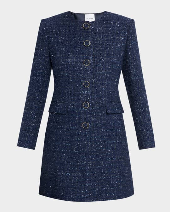 St. John Sequined Micro Check Tweed Long Jacket | Neiman Marcus