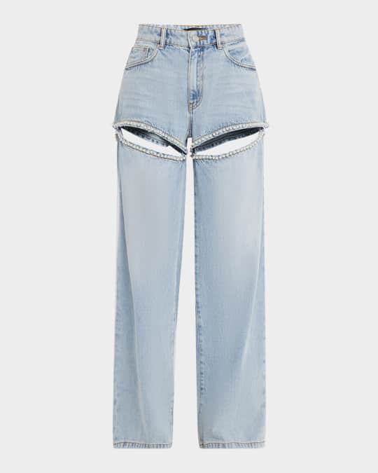 PURPLE Wide-Leg Cut-Out Pearl Jeans | Neiman Marcus