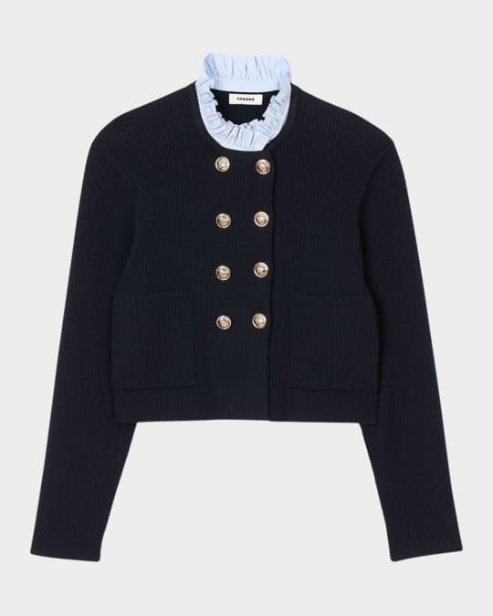 Sandro William Rib-Knit Ruffled Collar Cardigan | Neiman Marcus