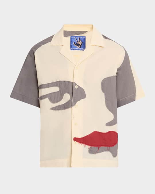 KidSuper Men's Patchwork Face Cotton and Linen Camp Shirt | Neiman Marcus