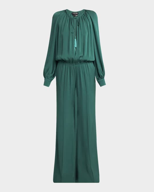 TOM FORD Long-Sleeve Gathered Viscose Crepe Cady Jumpsuit | Neiman Marcus