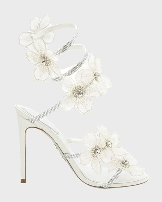 Rene Caovilla Floraine Crystal Flower Satin Snake Wrap Sandals | Neiman ...