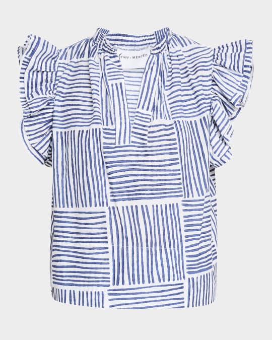 Finley Remy Striped Ruffle-Sleeve Cotton Top | Neiman Marcus