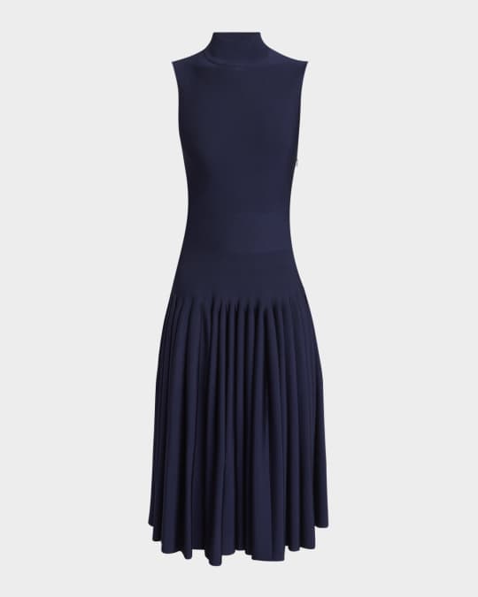 ALAIA High-Neck Pleated Knit Midi Dress | Neiman Marcus