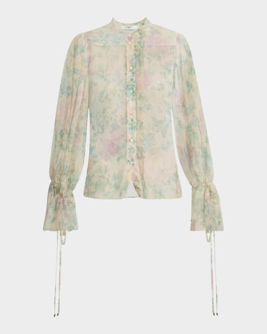 Chloe Floral Silk Balloon-Sleeve Button-Down Top | Neiman Marcus