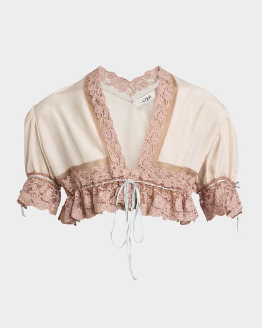 Chloe Lace Trim Drawstring Cropped Top | Neiman Marcus