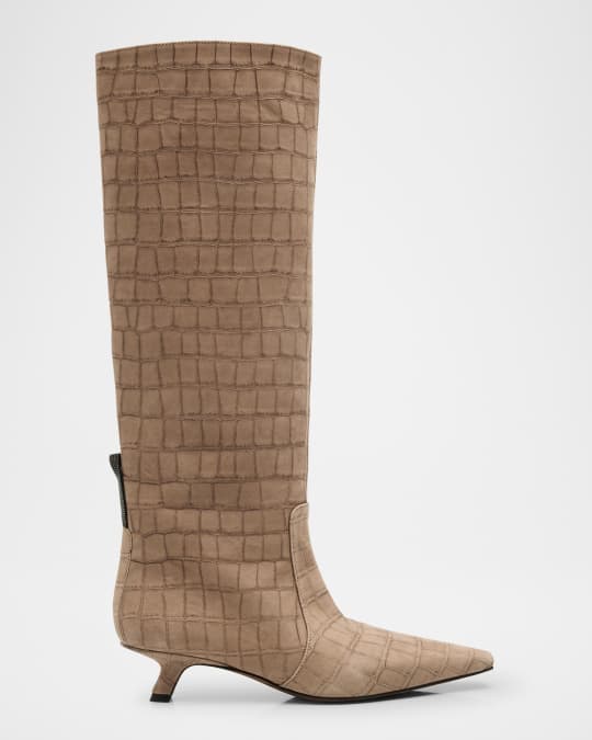 Brunello Cucinelli Leather Comma-Heel Knee Boots | Neiman Marcus