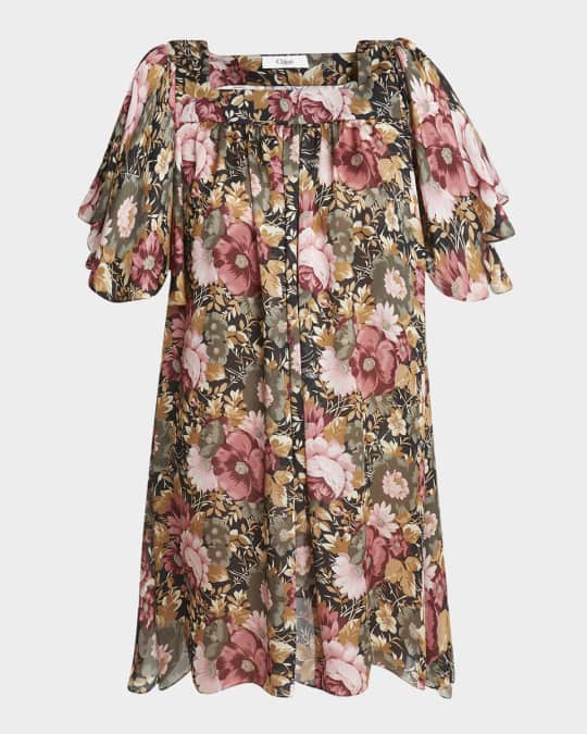 Chloe Rose Print Pleated Mini Silk Dress | Neiman Marcus