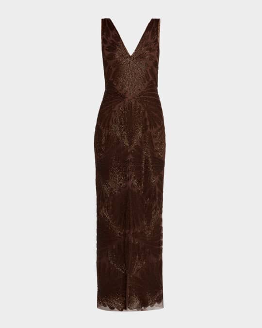 Aidan Mattox Backless Draped Beaded Column Gown | Neiman Marcus