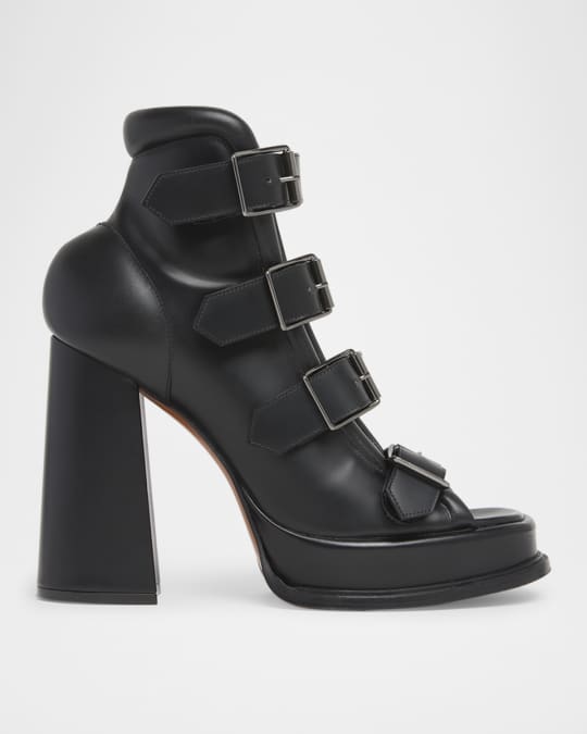 McQueen Buckle Leather Peep-Toe Sandals | Neiman Marcus