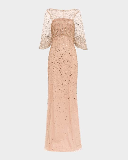 Jenny Packham Kiya Embellished Elbow-Sleeve Illusion Gown | Neiman Marcus