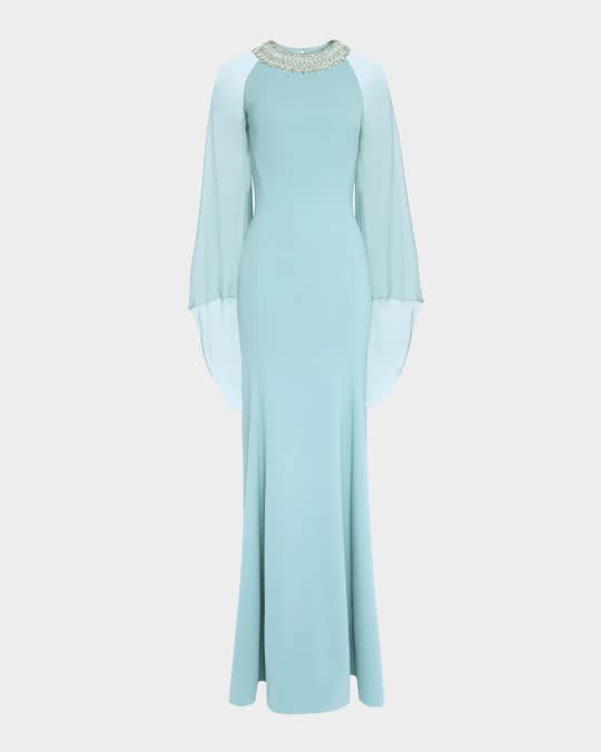 Jenny Packham Charma Crystal-Neck Flare-Sleeve Gown | Neiman Marcus