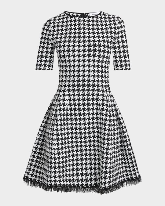 McQueen Houndstooth Fit-Flare Fringe Knit Mini Dress | Neiman Marcus