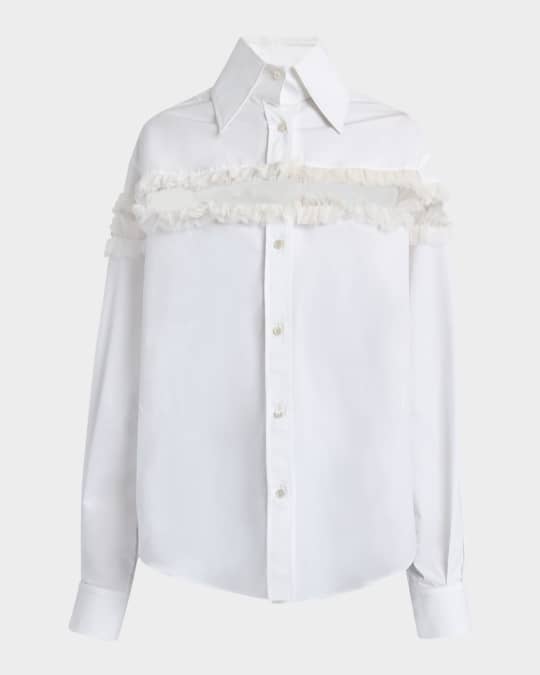 McQueen Ruffle-Inset Button-Down Blouse | Neiman Marcus
