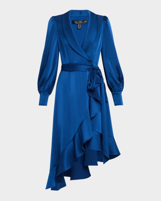 Aidan Mattox High-Low Crepe Back Satin Midi Wrap Dress | Neiman Marcus