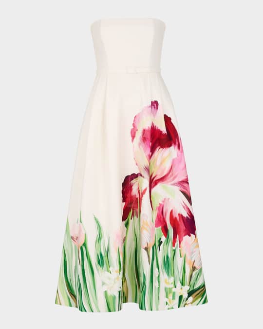 NICHOLAS Kyra Strapless Floral-Print Midi Dress | Neiman Marcus