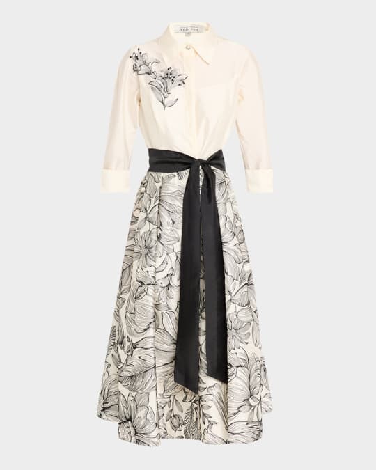 Rickie Freeman for Teri Jon Beaded Floral-Embroidered Midi Shirtdress ...