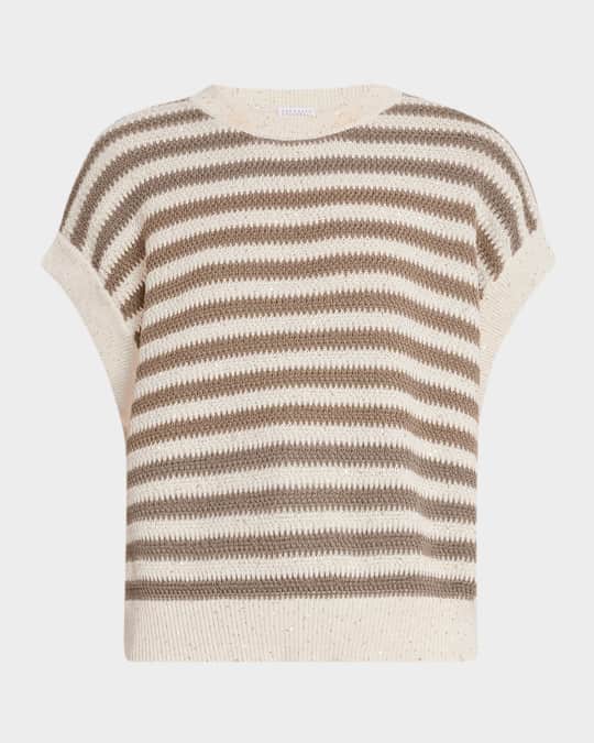 Brunello Cucinelli Striped Cap-Sleeve Paillette Knit Sweater | Neiman ...