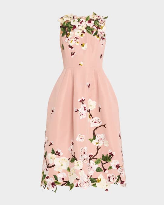 Oscar de la Renta Cherry Blossom Embroidered Faille Sleeveless Cocktail ...