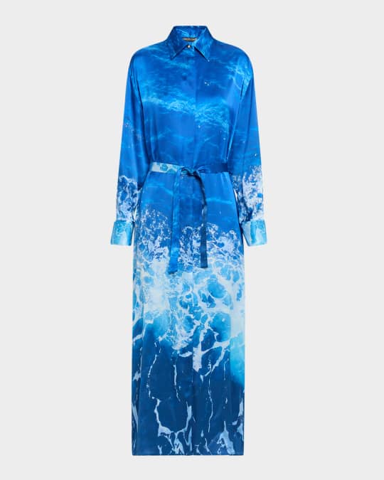 Roberto Cavalli Sicily Ocean-Print Silk Belted Maxi Shirtdress | Neiman ...