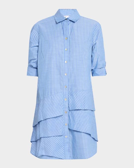 Finley Jenna Striped Cotton Chambray Ruffle Shirtdress | Neiman Marcus