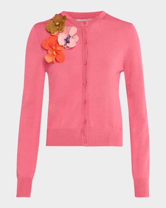 Lela Rose Floral Applique Knit Crewneck Cardigan | Neiman Marcus