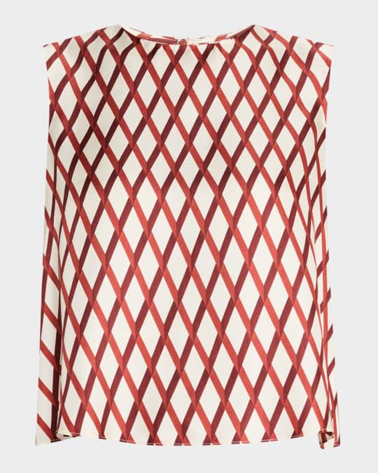 Adam Lippes Mercer Diamond Grid Print Silk Twill Top | Neiman Marcus