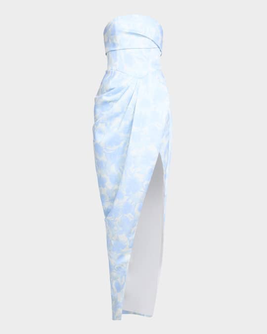 BCBGMAXAZRIA Strapless Pleated Floral-Print Gown | Neiman Marcus