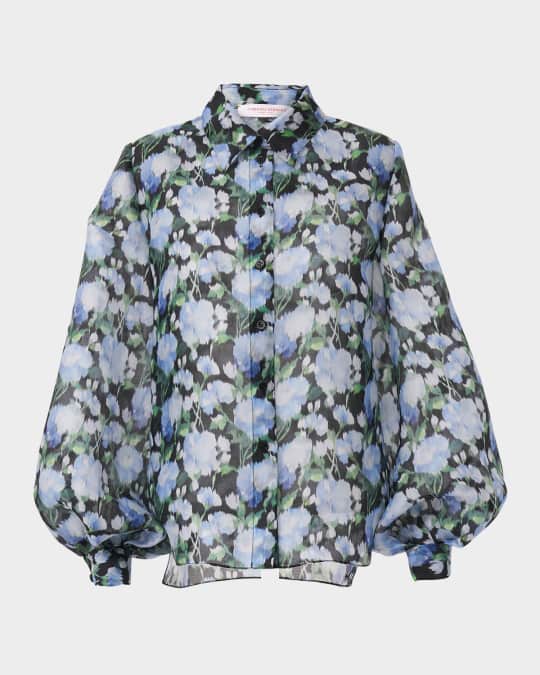 Carolina Herrera Floral Silk Puff-Sleeve Button-Down Shirt | Neiman Marcus