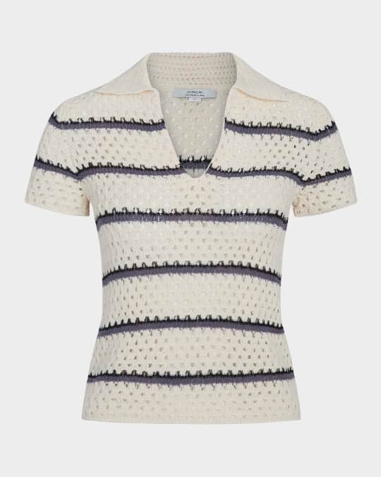 Vince Stripe Short-Sleeve Macrame Top | Neiman Marcus