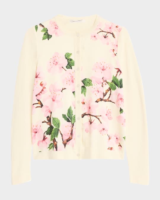 Oscar de la Renta Cherry Blossom Silk Insert Crewneck Cardigan | Neiman ...