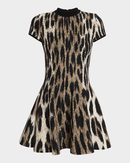 Balmain Leopard Jacquard Fit-&-Flare Mini Dress | Neiman Marcus