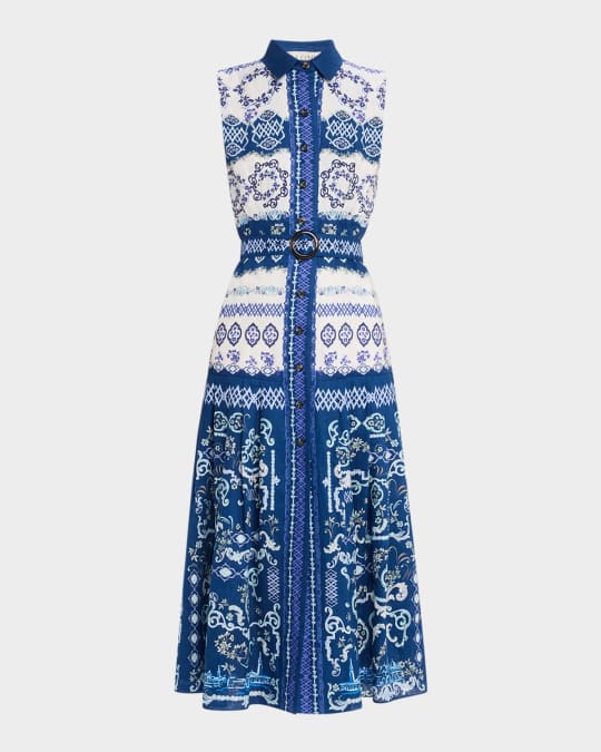 Saloni Nya Belted Linen Midi Dress | Neiman Marcus