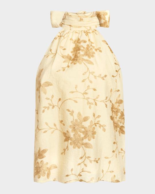 Ramy Brook Cara Lurex Embroidered Halter Top | Neiman Marcus