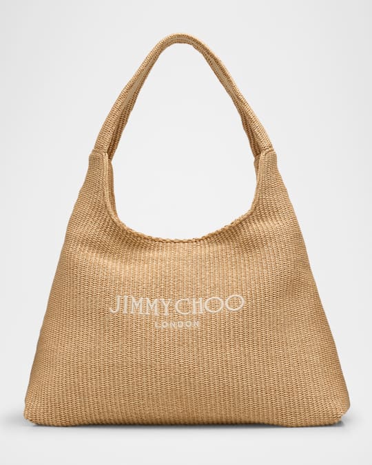 Jimmy Choo Beach Logo-Embroidered Raffia Hobo Bag | Neiman Marcus