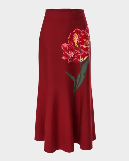 Carolina Herrera Intarsia-Knit Floral Flare Skirt | Neiman Marcus