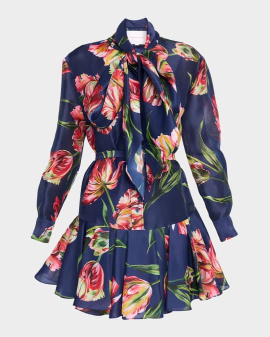 Carolina Herrera Tulip Tie-Neck Mini Shirtdress | Neiman Marcus