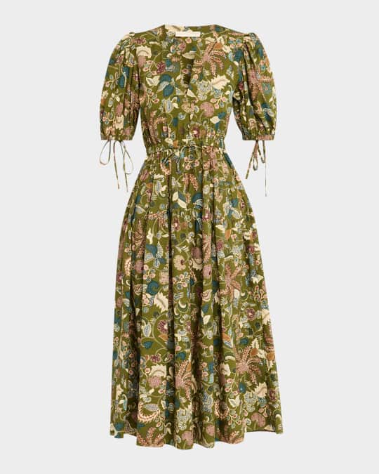 Ulla Johnson Adriana Puff-Sleeve V-Neck Midi Dress | Neiman Marcus