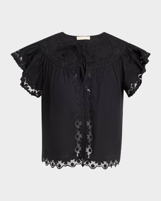 Ulla Johnson Effie Embroidered Flutter-Sleeve Top | Neiman Marcus