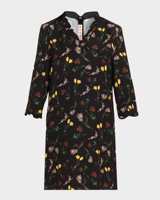 Marni Floral Ruffle 3/4-Sleeve Mini Dress | Neiman Marcus