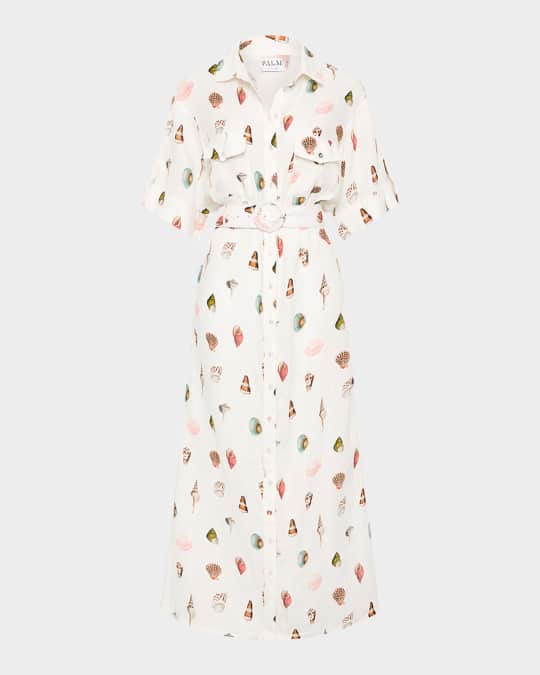 PALM NOOSA Memento Seashell-Print Linen Maxi Shirtdress | Neiman Marcus
