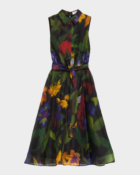 Rickie Freeman for Teri Jon Floral-Print Silk Linen Midi Shirtdress ...
