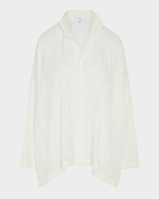 Eskandar Satin Box Check Jacquard Wide Longer-Back Double-Stand Collar ...