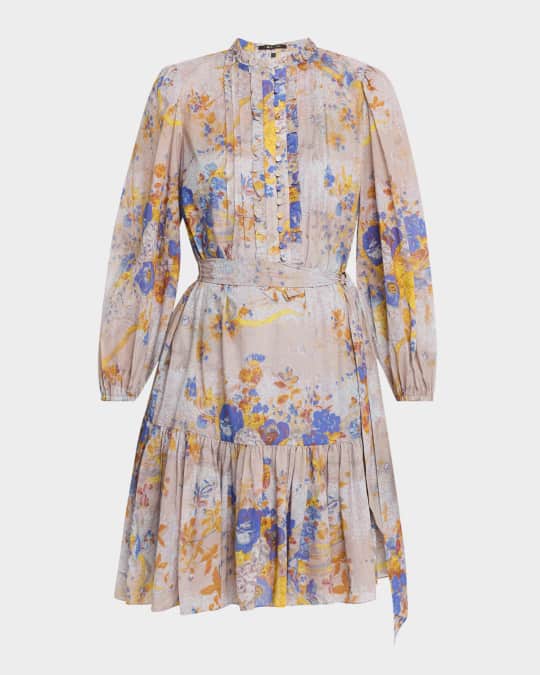 Kobi Halperin Hilary Floral-Print Pintuck Flounce Mini Dress | Neiman ...
