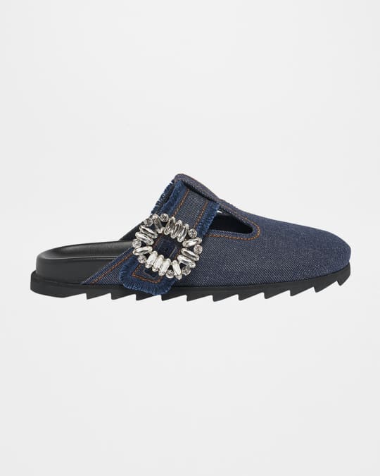 Roger Vivier Denim Crystal Buckle T-Strap Mule Clogs | Neiman Marcus