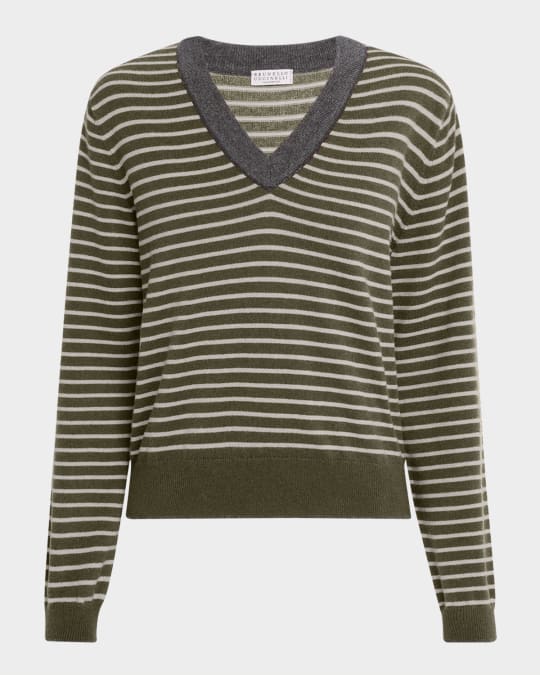 Brunello Cucinelli Striped Wool-Cashmere V-Neck Sweater | Neiman Marcus
