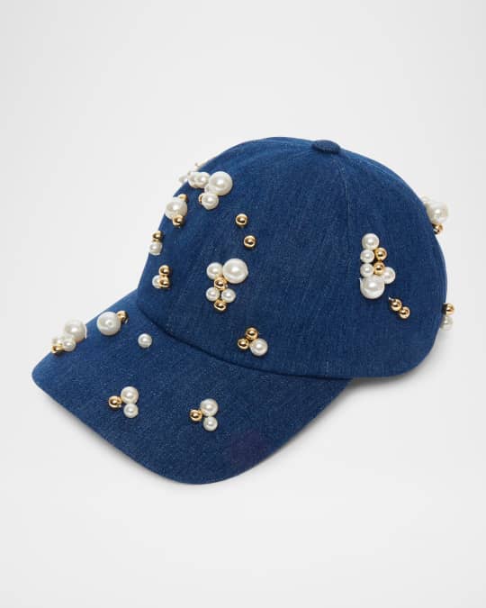 Lele Sadoughi Scattered Faux-Pearl Denim Baseball Cap | Neiman Marcus
