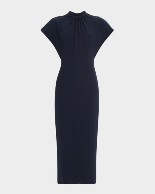 Lela Rose Stella Short-Sleeve Solid Crepe Midi Dress | Neiman Marcus